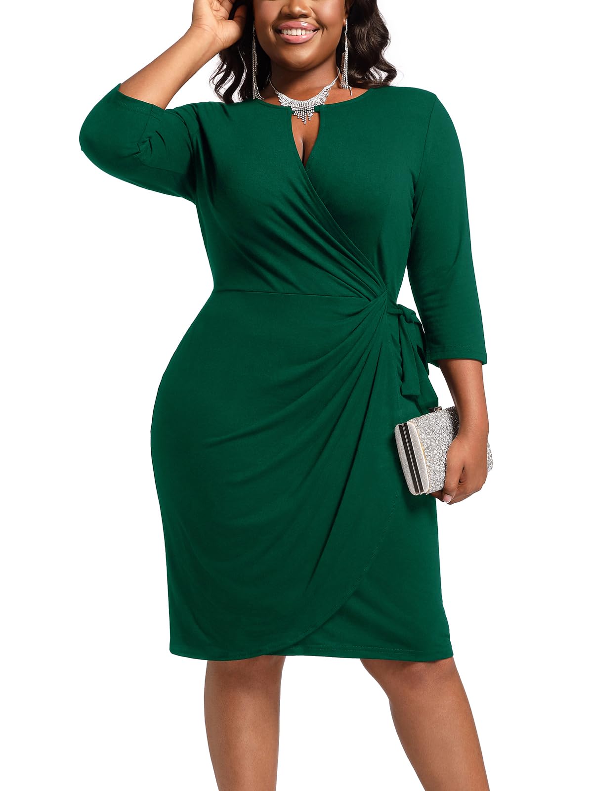 Younrui Plus Size Green Business Work Dresses for Women 3/4 Sleeve Sexy V-Neck Midi Party Casual ...