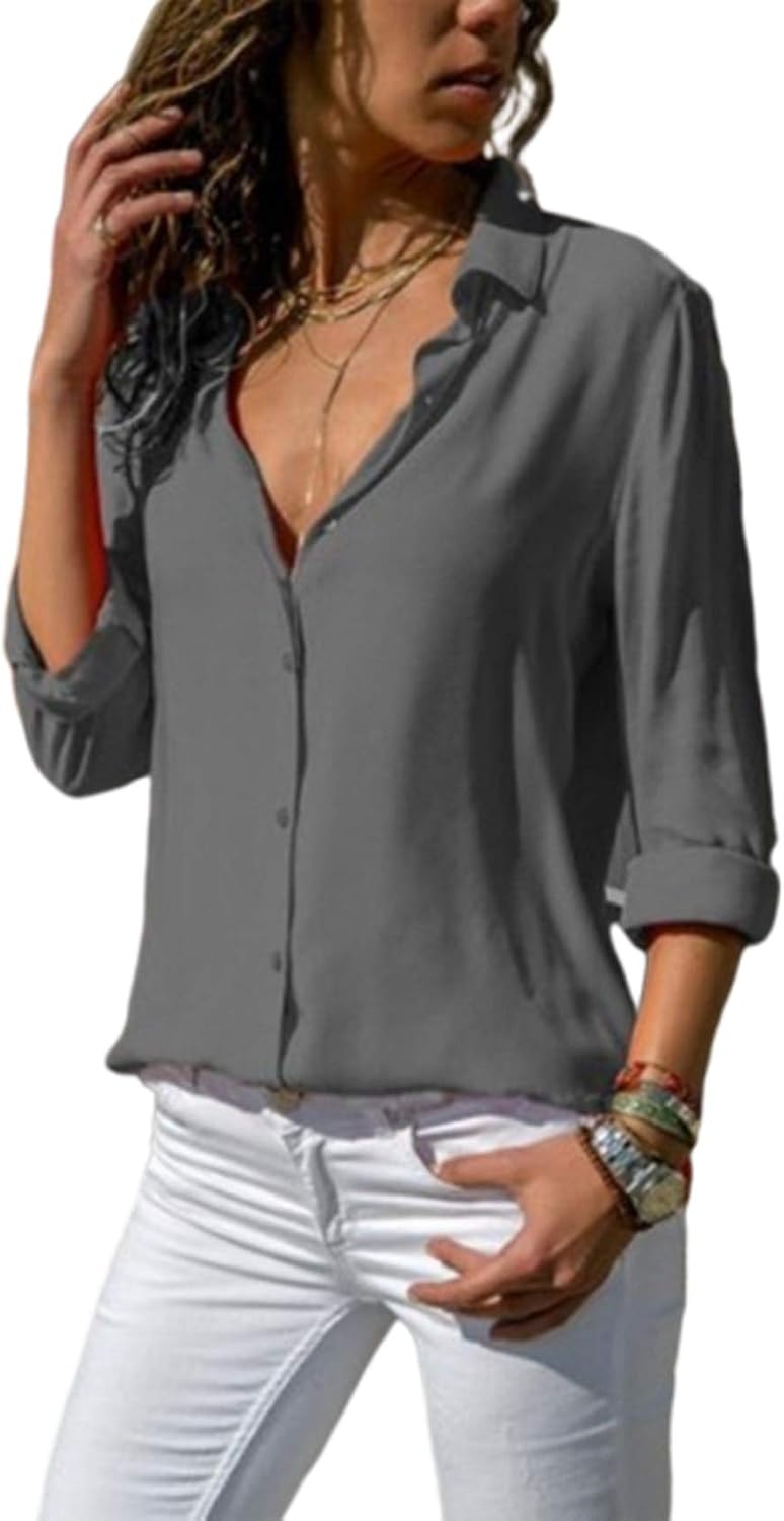 Per donna Camicetta Camicia Tinta unita Manica lunga Profonda V Top ...