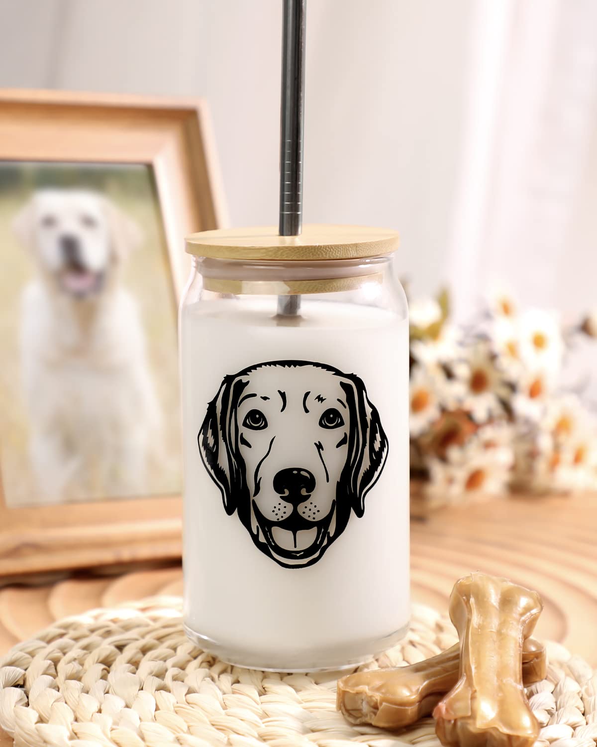Dog Iced Coffee Glass 16 OZ Labrador Portrait Beer Can Glass with Lid ...