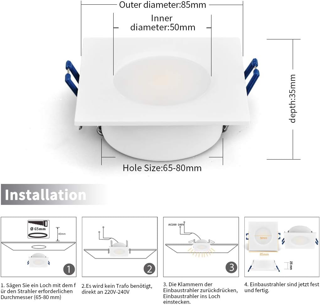KYOTECH LED Recessed Ceiling Spotlights Ultra Flat 230V 6W Waterproof ...