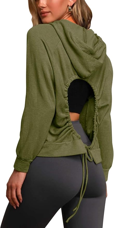 LASLULU Cropped Hoodie Sweatshirts for Women Open Back Cutout Pullover ...