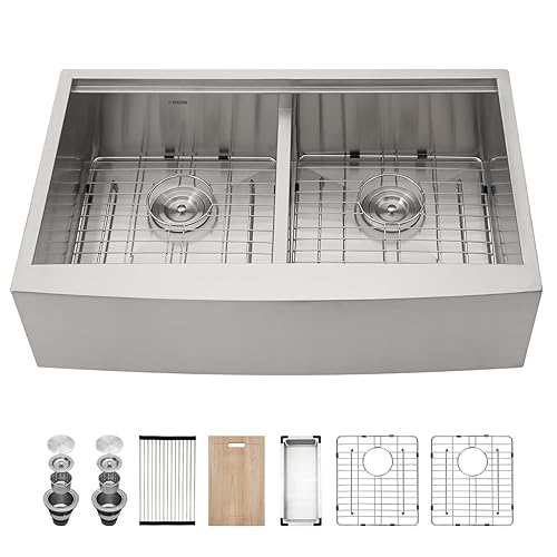 Kichae 33 Inch Farmhouse Kitchen Sink Double Bowl 50/50 Ledge ...
