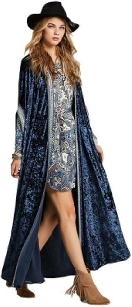 Long Floor Length Cape Velvet Blue Embroidered Open Front Duster ...