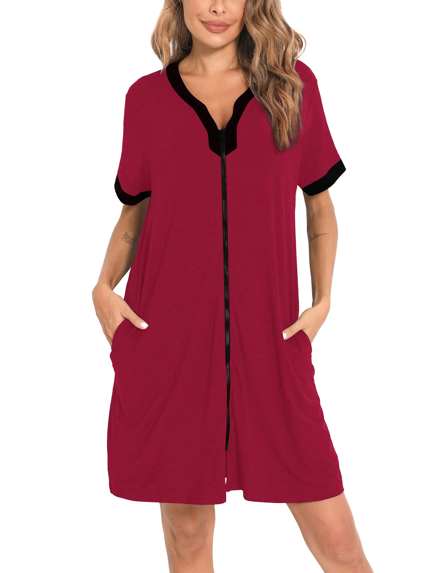 SWOMOG Women Zipper Front House Coat Short Sleeves Robe Zip up ...