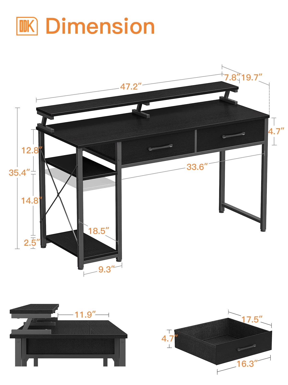 ODK Computer Desk With Drawers, 48 Inch Office Desk With Storage ...