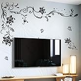Amazon.com: PLIGREAT Black Flowers Vines Wall Stickers, Butterfly Wall ...