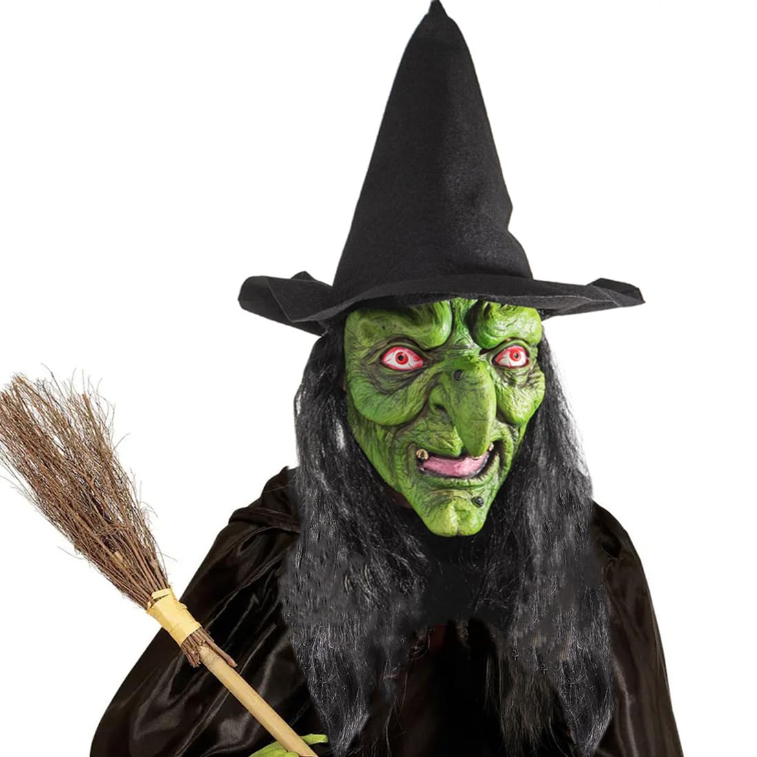 Scary Evil Mask with Wig Hat Horror Green Face Face Red Eye Zombie Mask ...