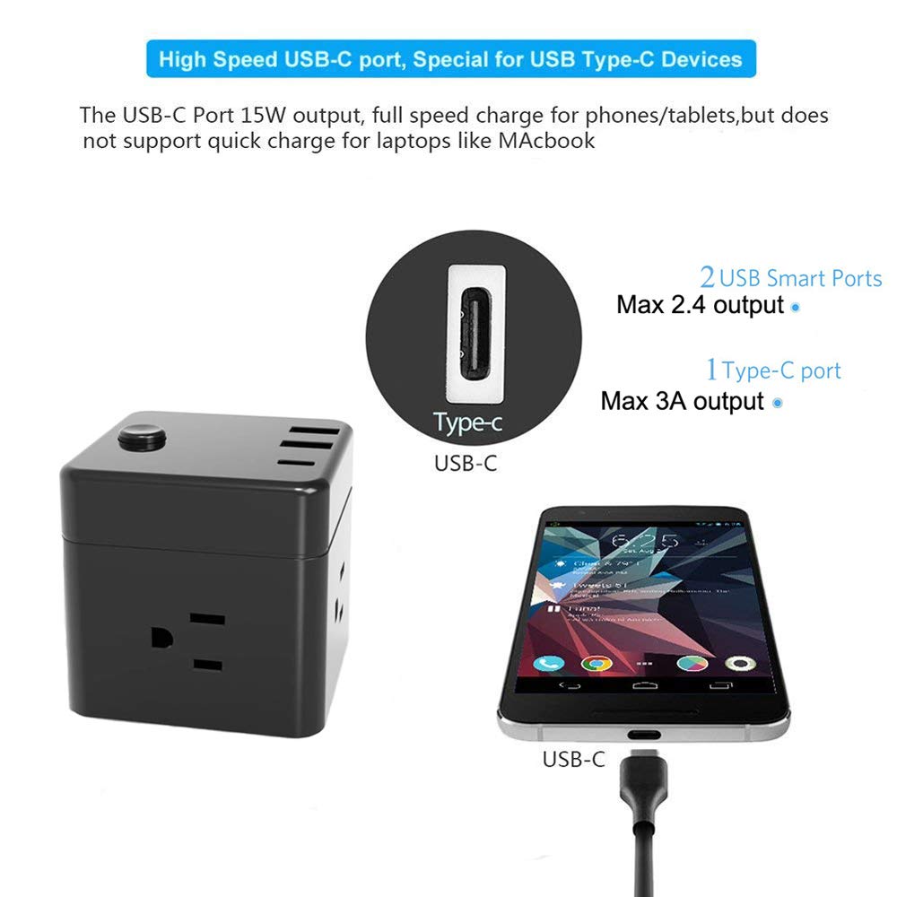 Compact Cube Smart Power Strip with 1 USB-C Charging Port and 2 USB ...