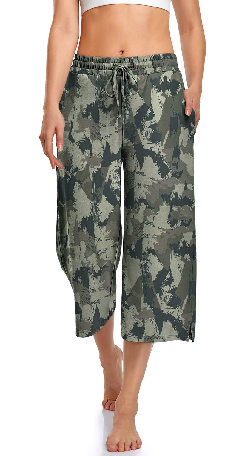 UEU Womens Capris Yoga Pants Summer Casual Loose Wide Leg Stretchy Lounge Drawstring Comfy Crop ...