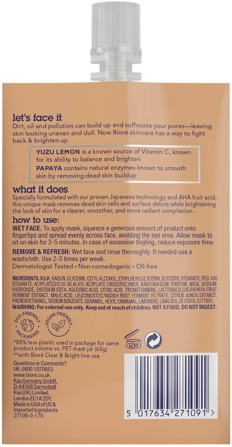 Bioré Clear & Bright Yuzu Lemon + Papaya AHA Clay Face Mask 50ml – BigaMart