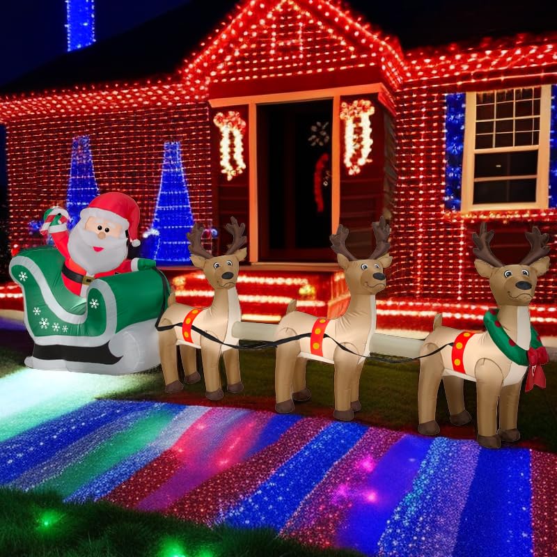 12ft Giant Lighted Christmas Inflatables Santa Claus on Sleigh with 3 ...