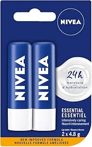 NIVEA Essential Lip Balm (2 x 4.8g), Intensive Caring Lip Moisturizer ...
