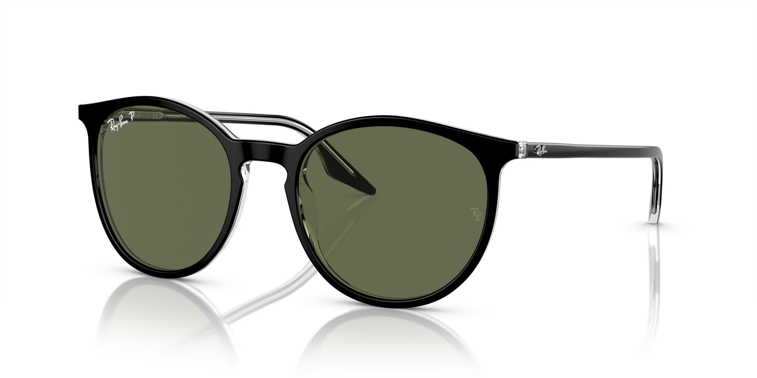 Ray-Ban RB2204 Round Sunglasses, Black On Transparent/Green Polarized ...