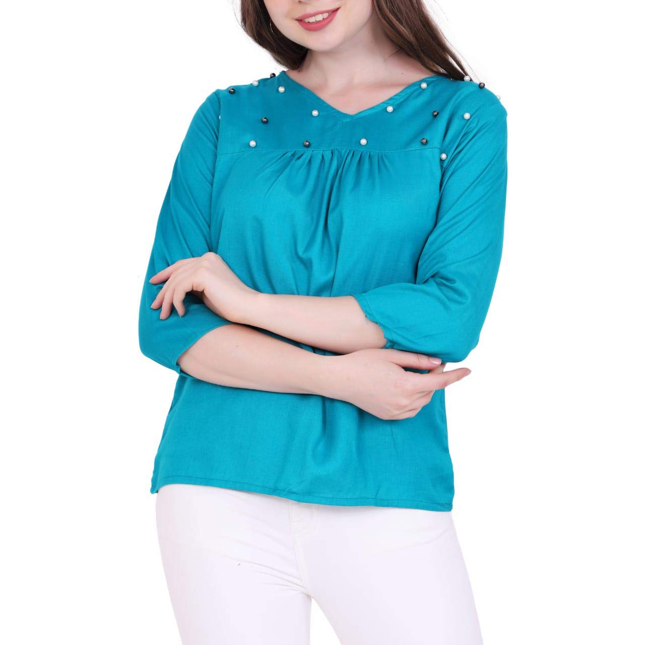 Buy The Fashion HUB Trendy Regular fit Rayon Stone Work Top for Women ...