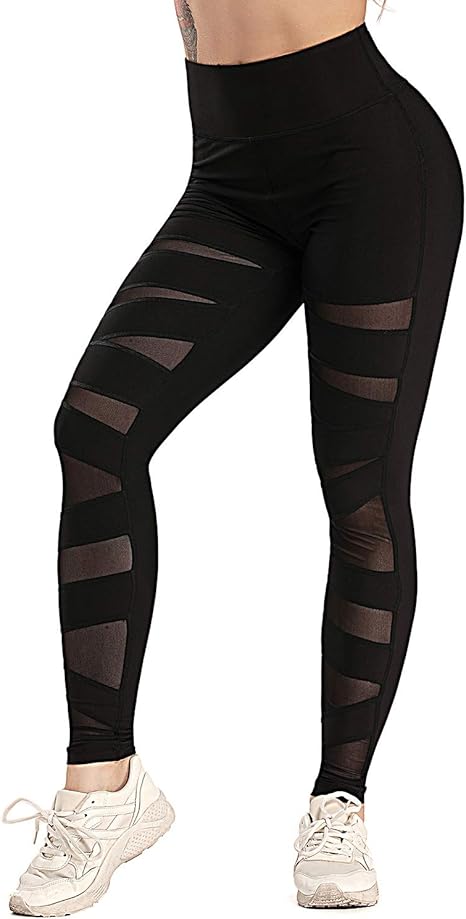FITTOO Women's Mesh Workout Leggings Panel Sheer Yoga Pants Gym Tights ...
