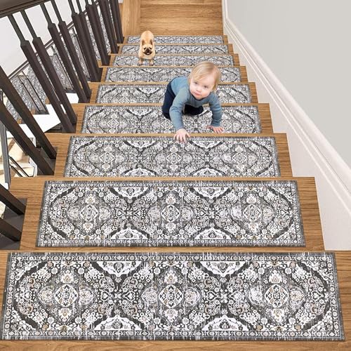 HEBE Rubber Carpet Stair Treads for Wooden Steps Non Slip 4 Pack Indoor ...