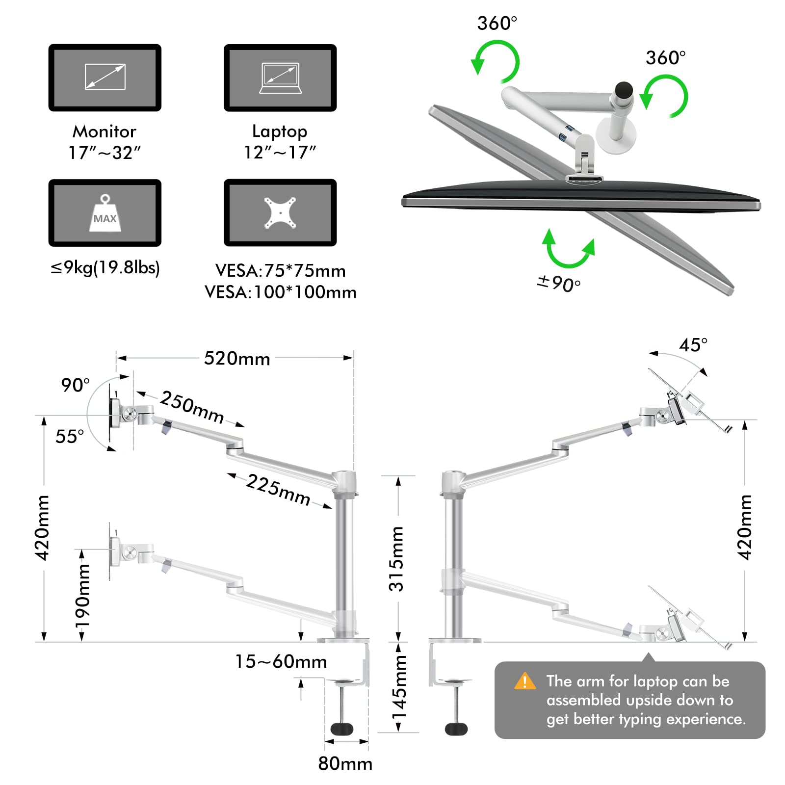 Mua Viozon Monitor and Laptop Mount, 2-in-1 Adjustable Dual Arm Desk ...