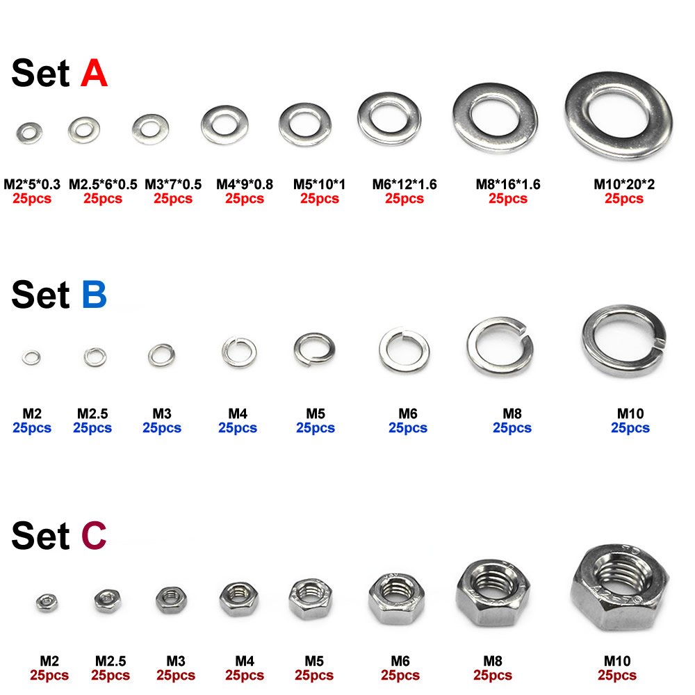 200pcs M2 M2.5 M3 M4 M5 M6 M8 M10 Each 25pcs A2 Stainless Steel Flat ...