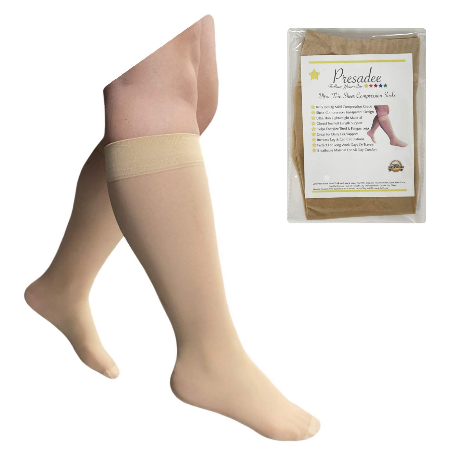 Presadee Ultra Thin 8-15 mmHg Mild Sheer Compression Shin Leg Closed ...