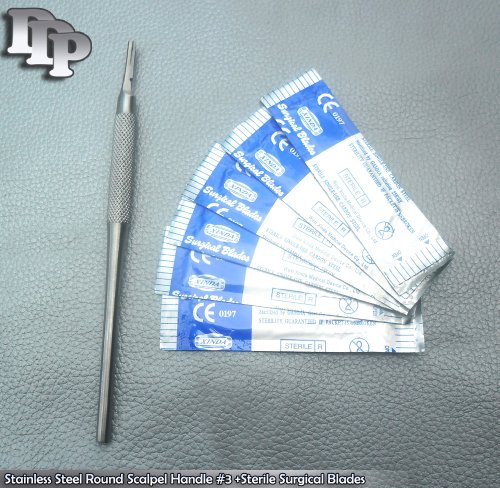 Round Scalpel Handle #3 Stainless Steel+5 Sterile Surgical Blades #12 ...