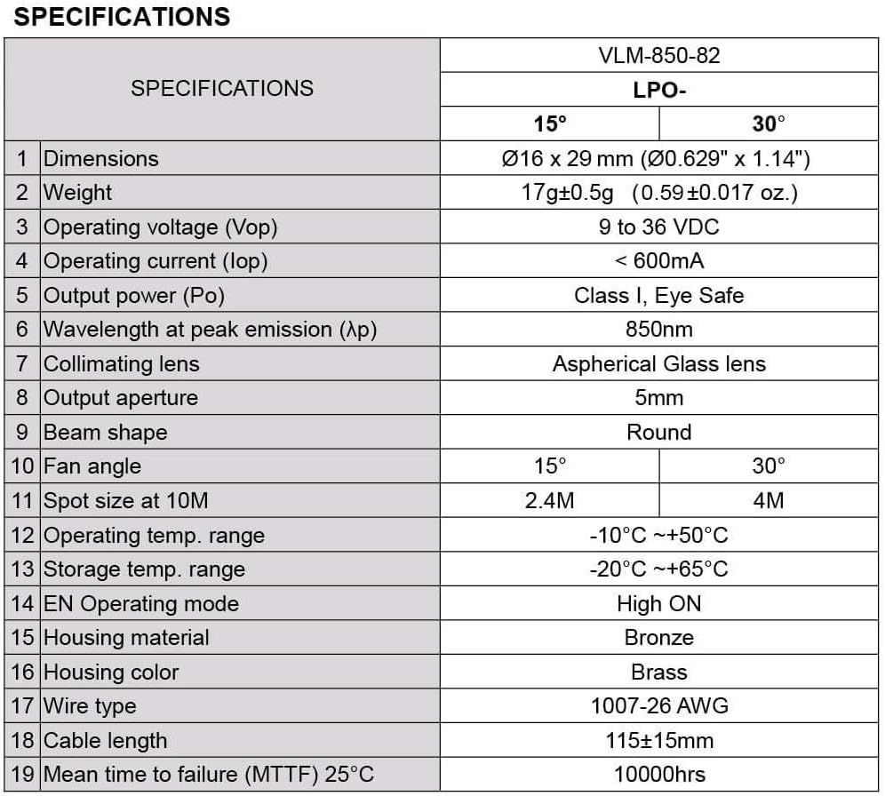 Quarton IR Dot Laser Module VLM-850-82 LPO-30 (Eye Safe IR Laser, 9-36 Voltage, 30° Divergence ...