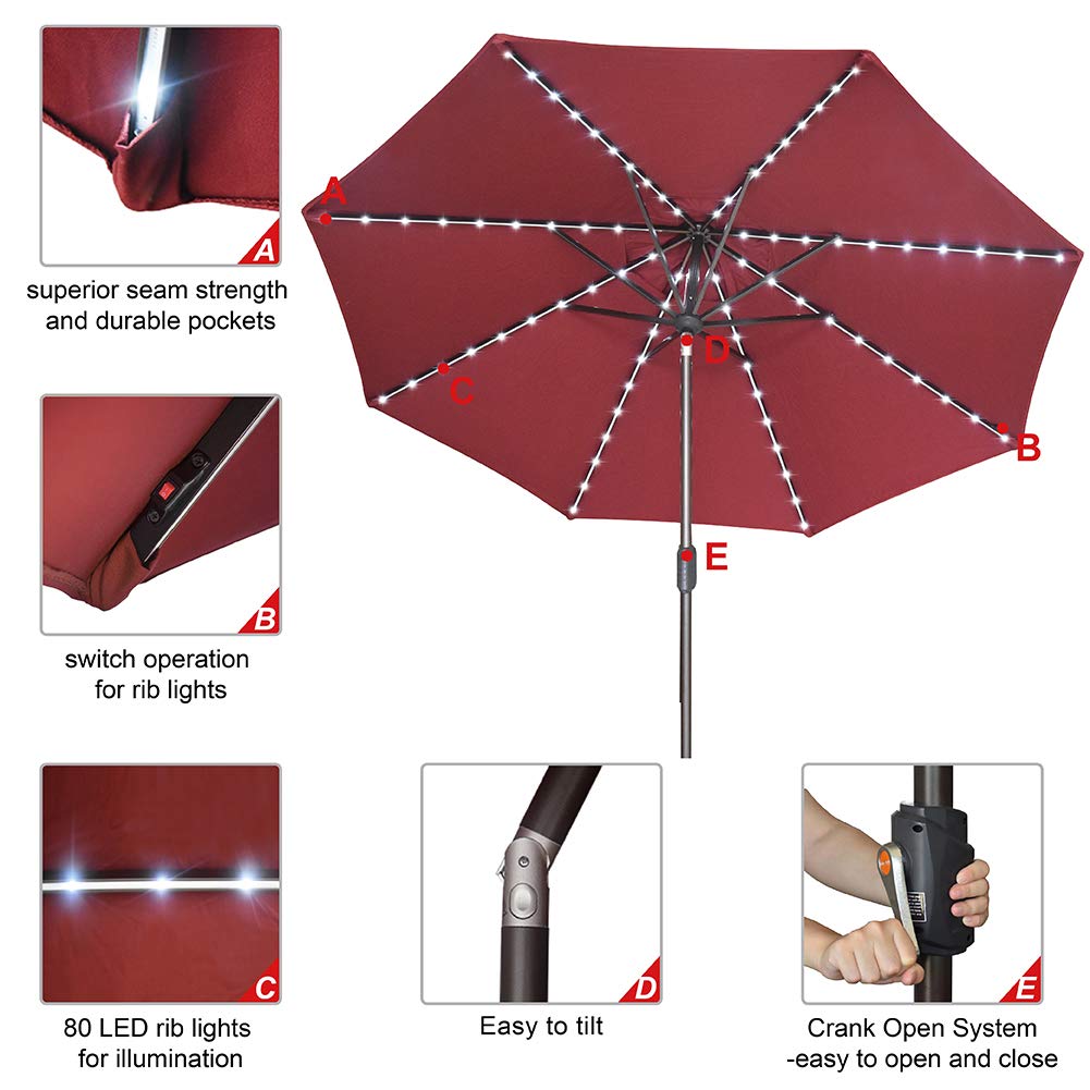 EliteShade Sunbrella Solar Umbrellas 9ft Market Umbrella with 80 LED ...