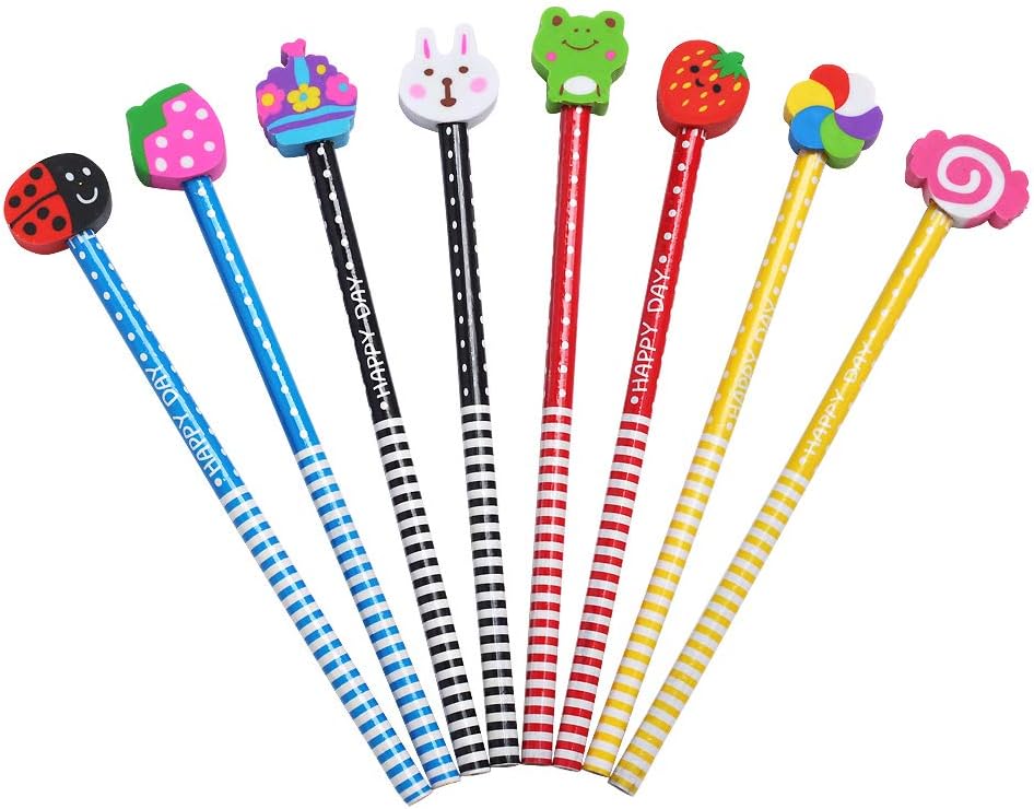 24pcs Wood Graphite Pencil Set with Cartoon Rubber Eraser,Pencils with ...