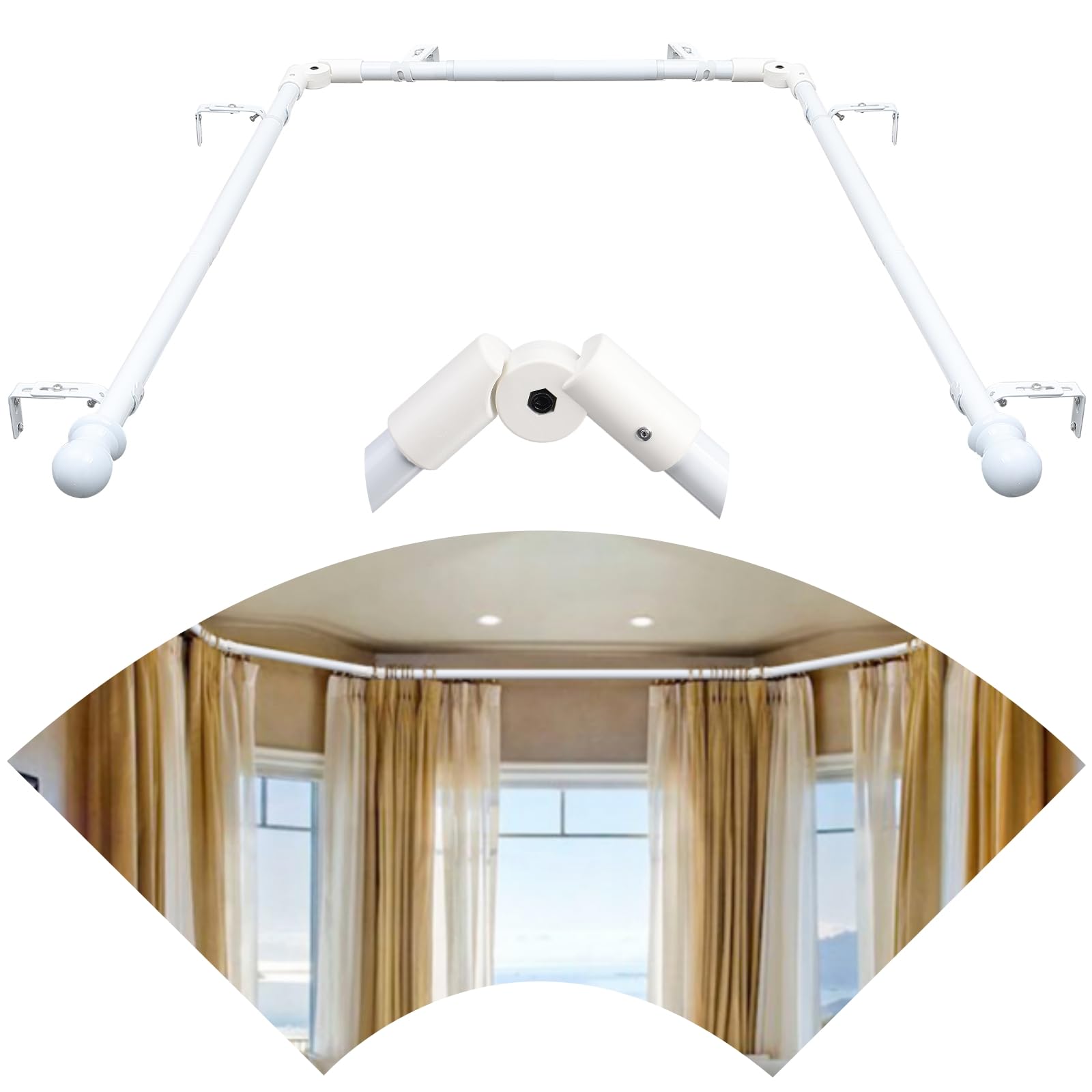 ERVNYNT Bay Window Curtain Rods?146-187 inch White 1 Inch Diamer ...