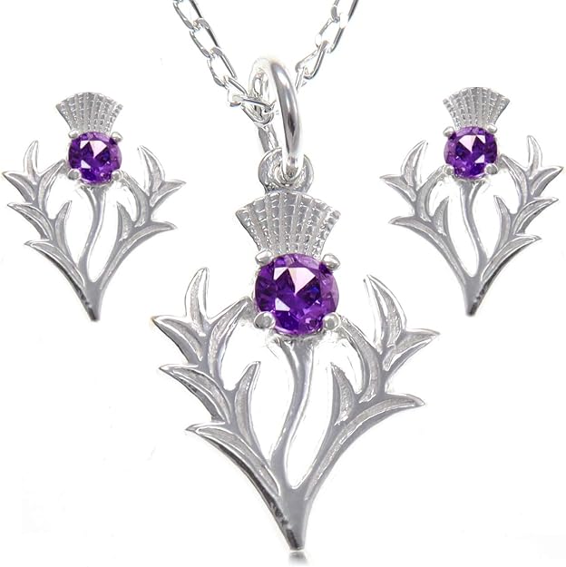 Sterling Silver Amethyst Thistle Pendant and Earrings Scottish Gift Set ...