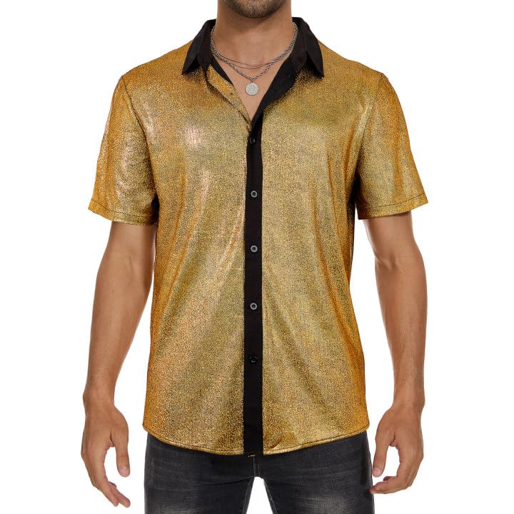 Zando Sprinkle Gold Retro 70s Disco Shirt - Men's Sequin Outfit Glitter Short Sleeve Button Down ...