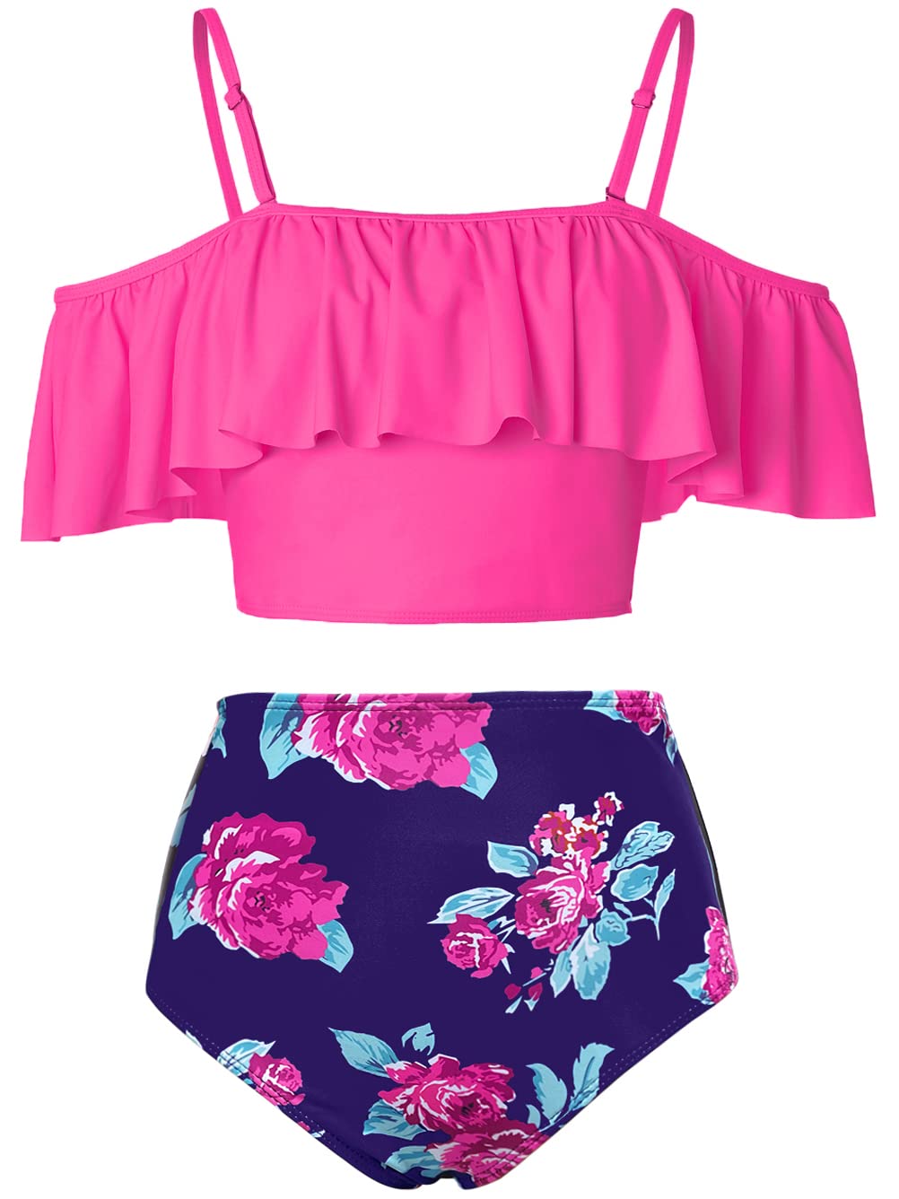 Kaei&Shi Two Piece Swimsuit for Women,Off Shoulder Flounce Ruffle ...