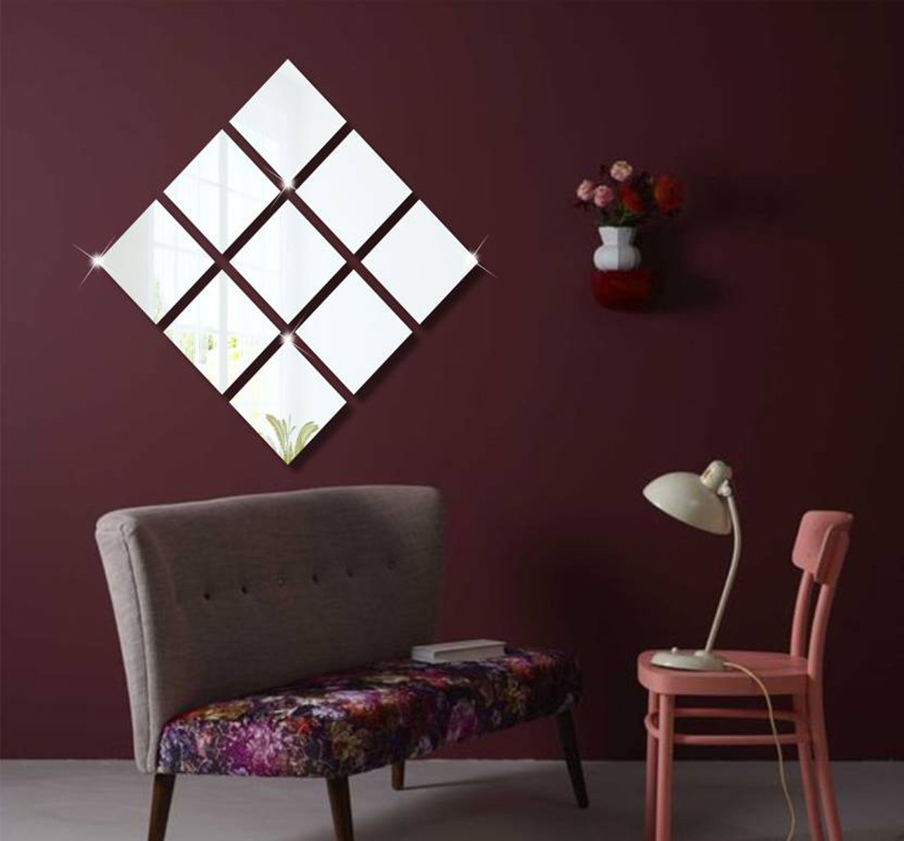 Wall1ders - 9 Square Silver (Each Square Size 10 cm) 3D Mirror Stickers ...