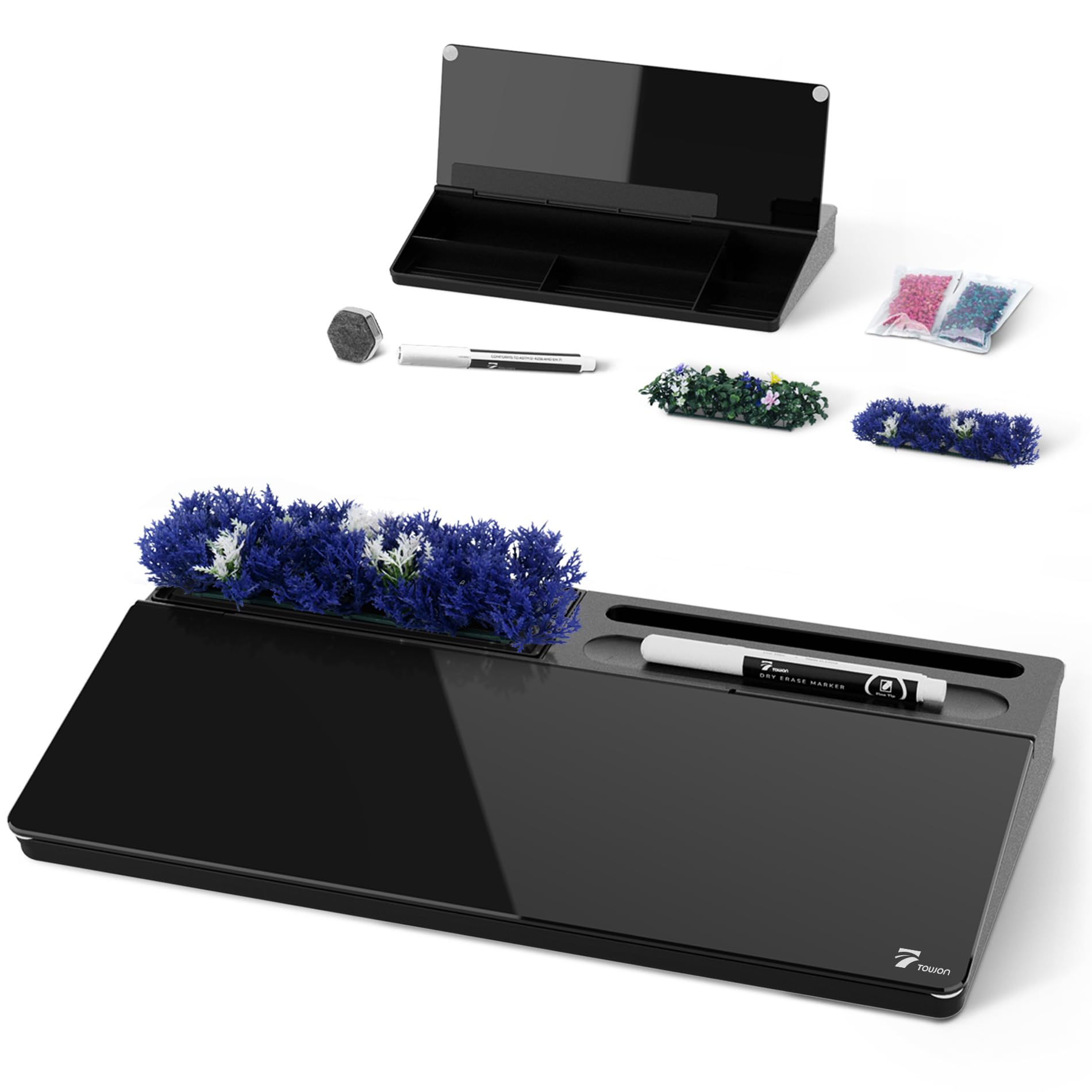 TOWON Black Desk Dry Erase Board with Charger Pad, Small Glass Desktop ...