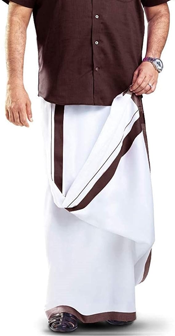 MCR Men's Pure Cotton Double Dhoti With Colour Border- 4m (Brown ...