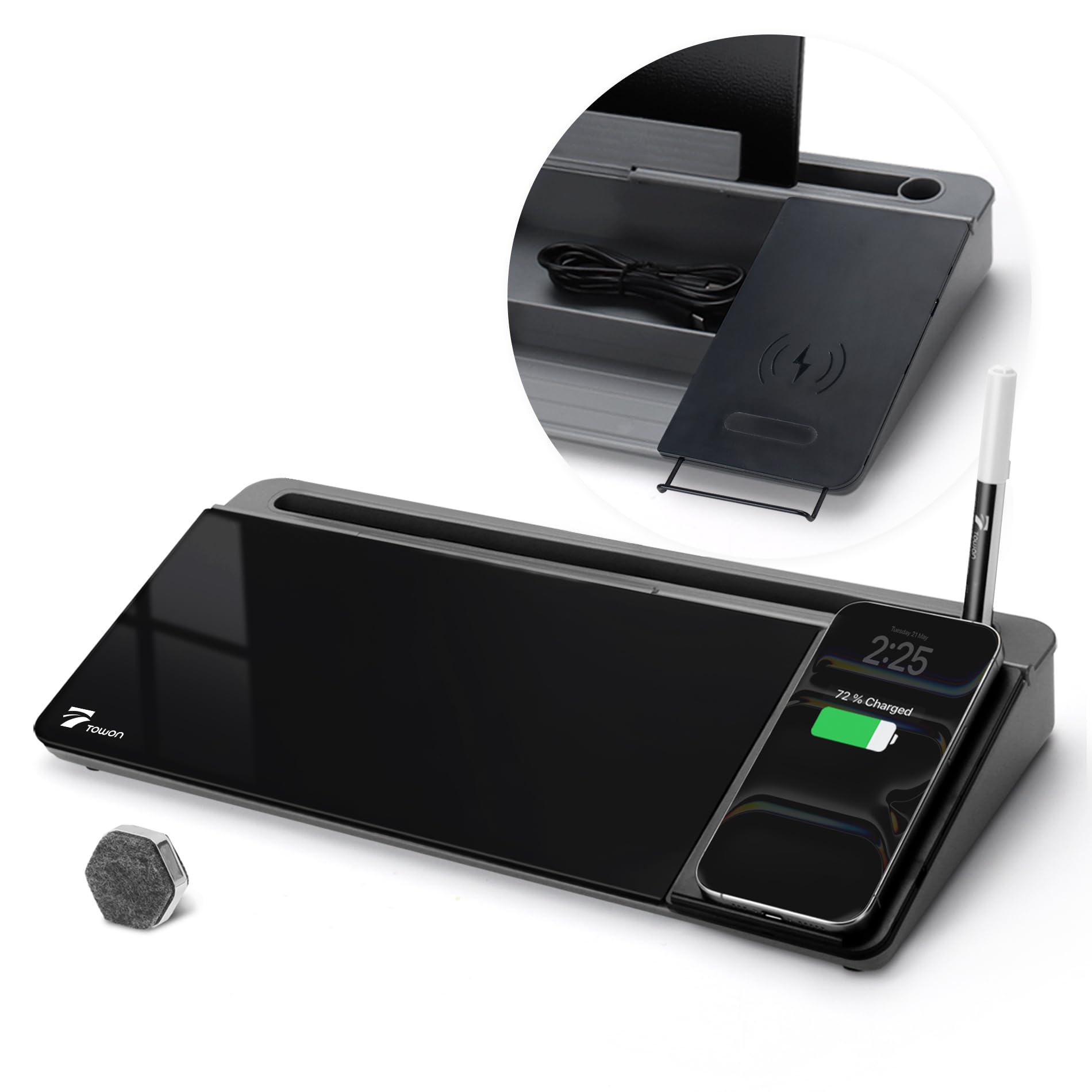 TOWON Black Desk Dry Erase Board with Charger Pad, Small Glass Desktop ...
