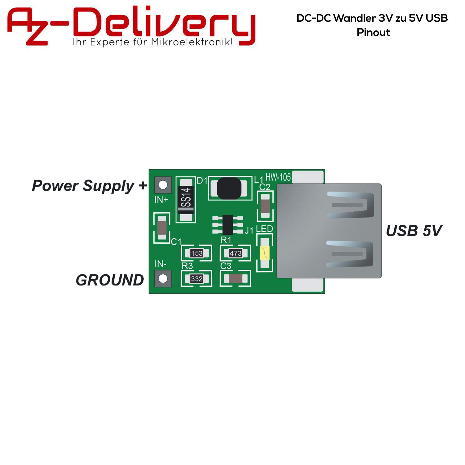 AZDelivery DC-DC Converter 3V to 5V USB Output 600mA Step Up Power ...
