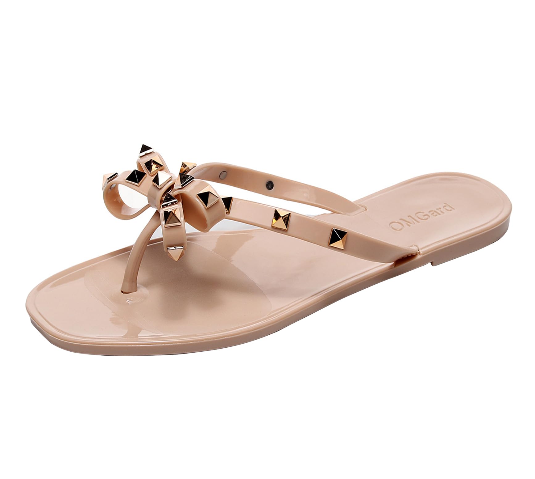 OMGard Womens Studded Sandals Bow Flip Flops Jelly Shoes Womens Beige ...