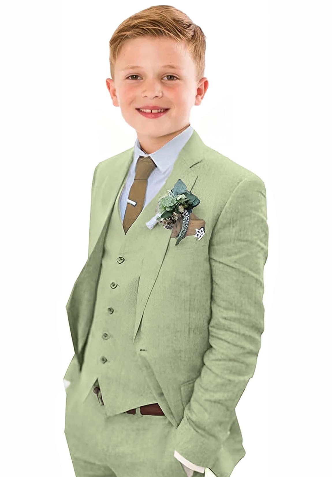 Kids Linen Suits for Boys Slim Fit Green Tuxedo Formal 3 Piece Suit Set ...