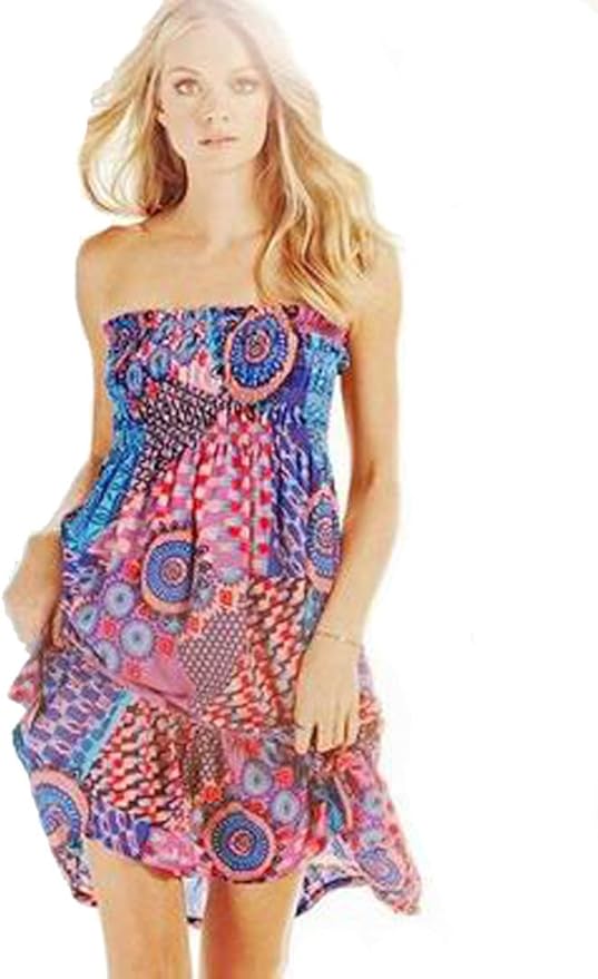 Tamari Multi Coloured Strapless Abstract Summer Dress Beach Cover Up ...