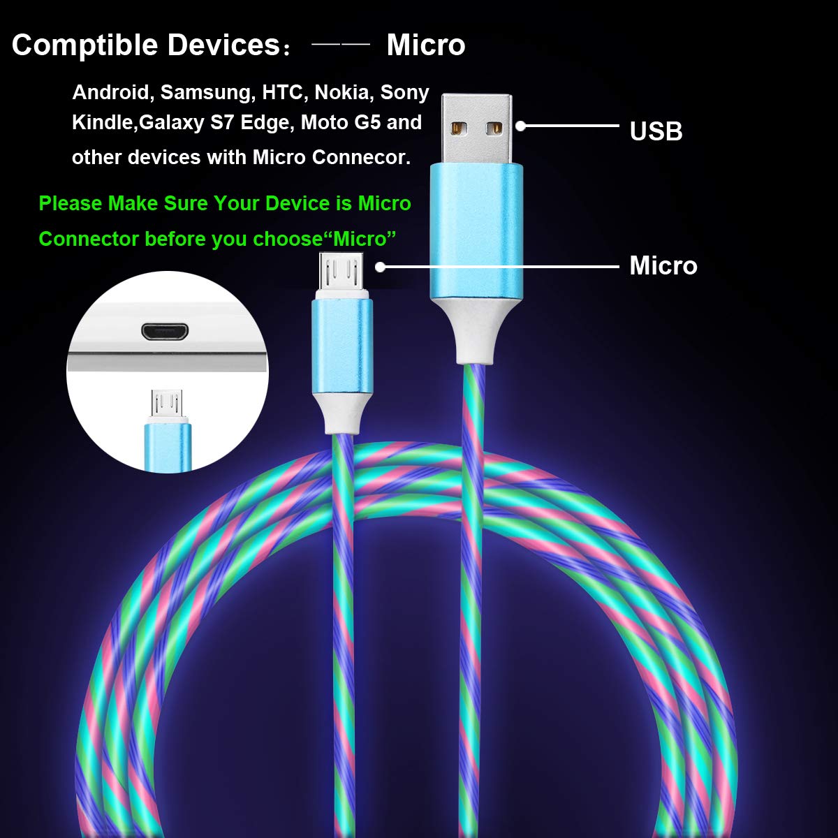 KORABA 6FT Micro USB Cable,LED Light up USB Charging Cord with Color ...