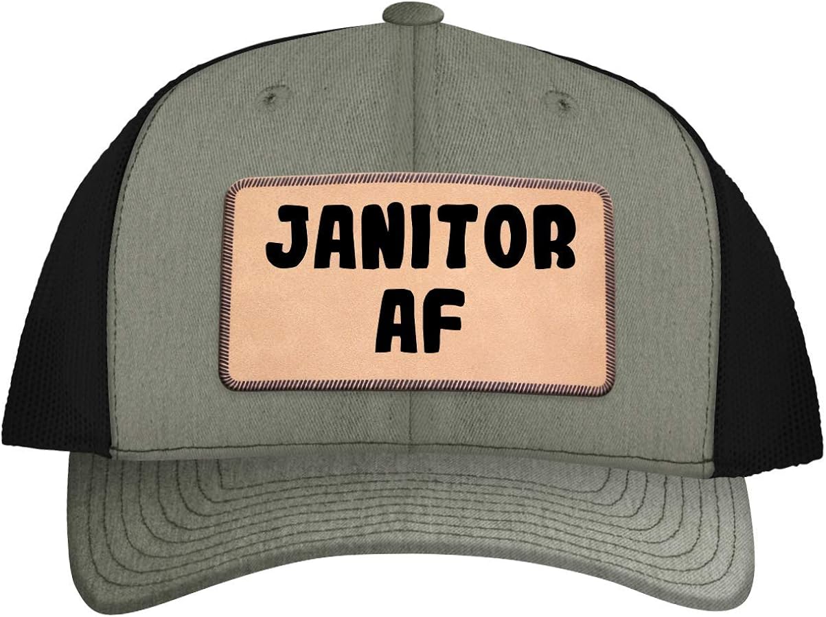 Janitor AF - Leather Light Brown Patch Engraved Trucker Hat, Heather ...