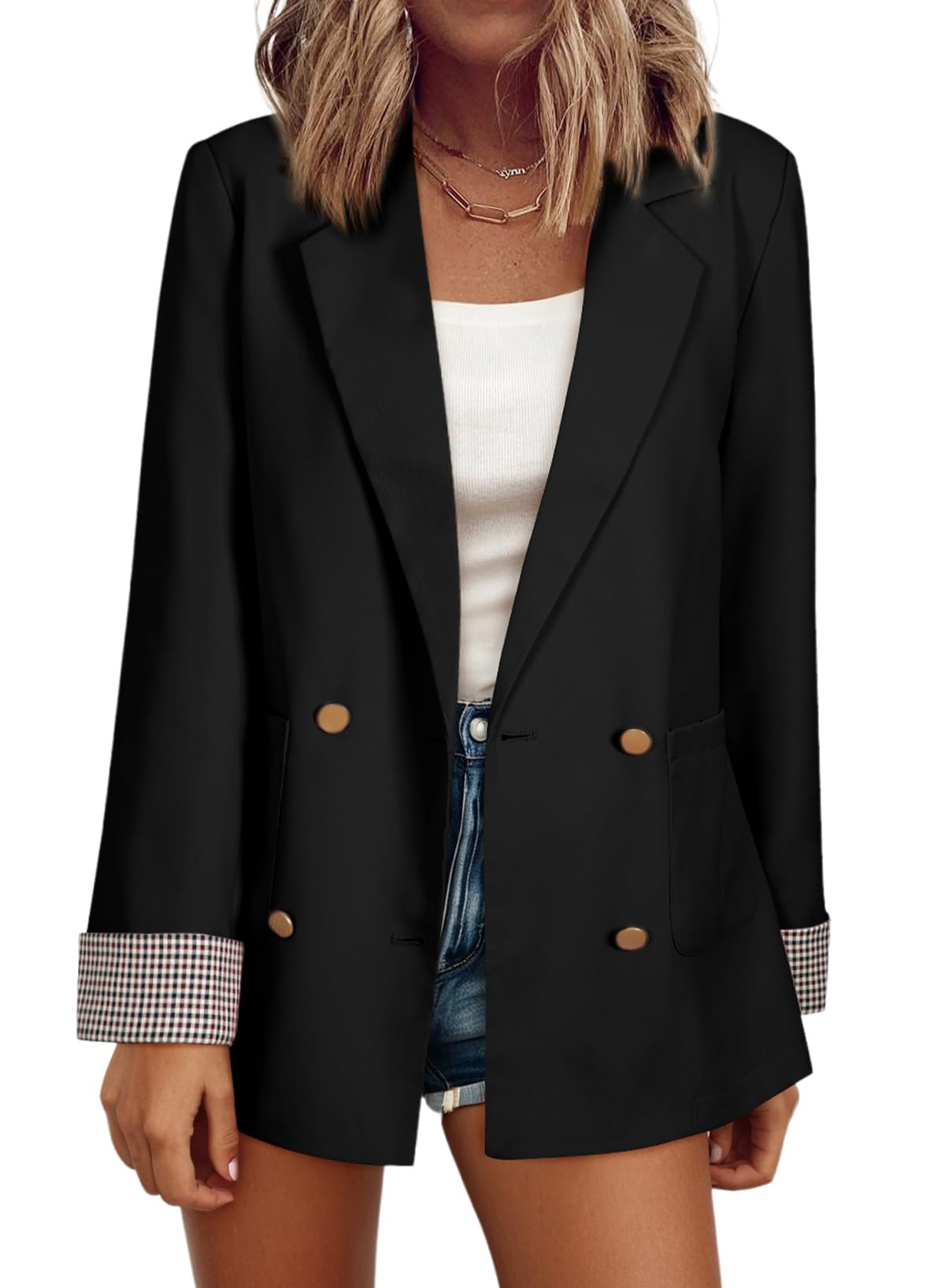 Happy Sailed Plaid Cuff Blazers for Women Office Work-Double Breasted ...