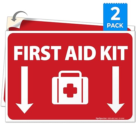 First Aid Kit Sign, (2 Pack) Sticker, 10x7 Inches, 4 Mil Vinyl Self ...
