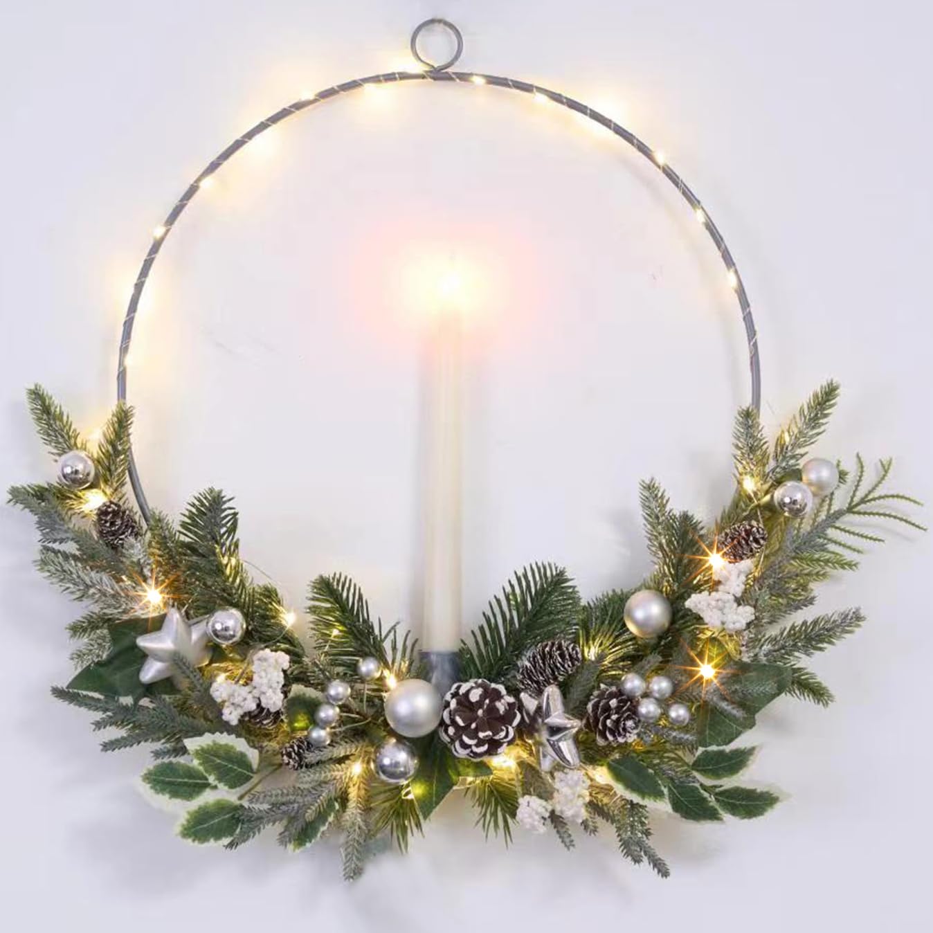Christmas Silver Lighted Wreath,prelit Christmas Hoop Wreath, Modern ...