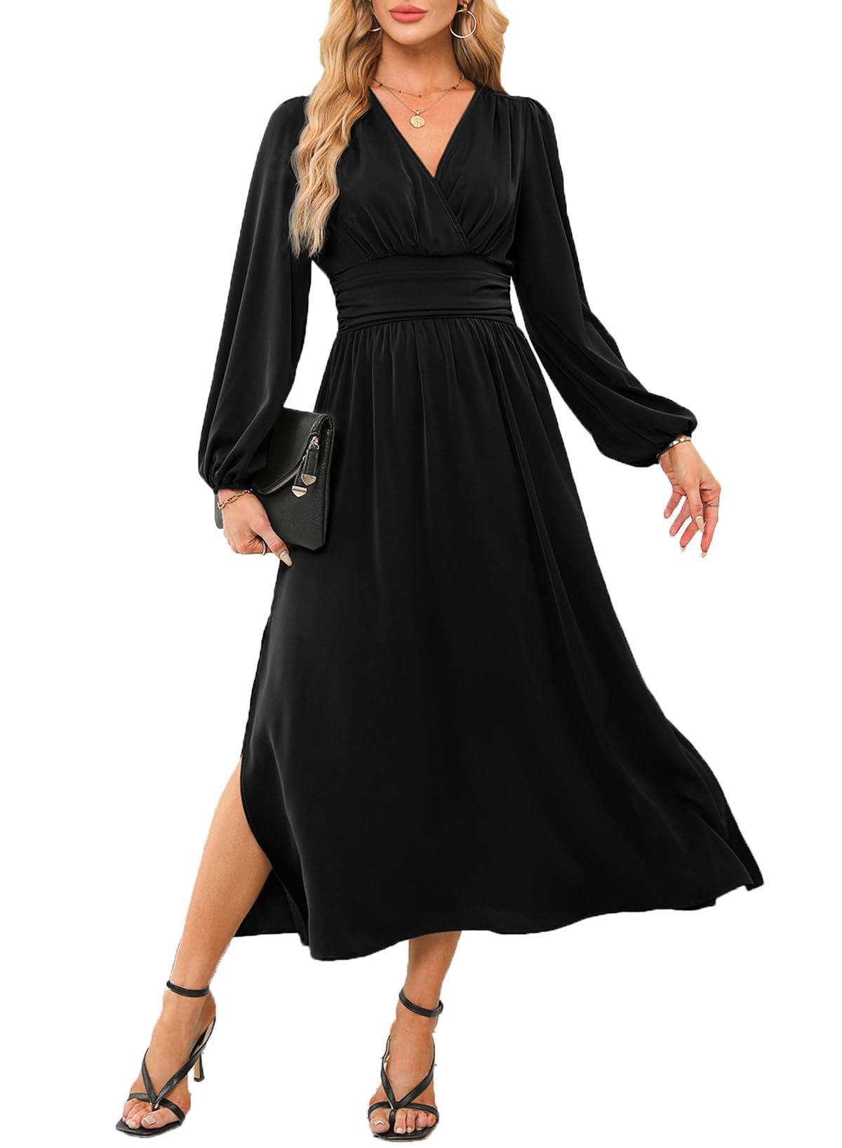 Dokotoo Maxi Dresses for Women 2024 Wrap V-Neck Long Sleeve Ruched ...