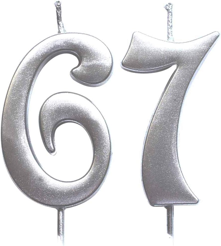 Amazon.com: MAGJUCHE Silver 67th Birthday Numeral Candle, Number 67 ...