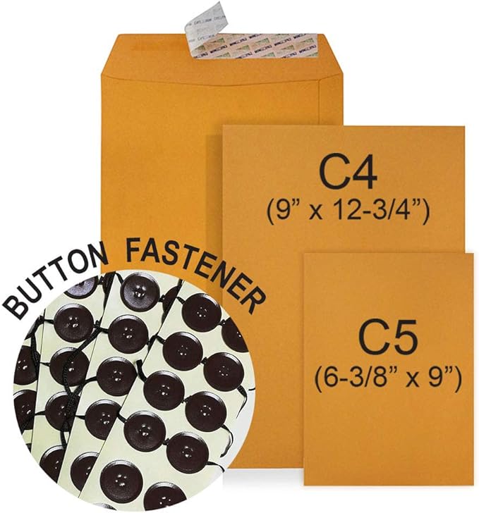 Amazon.com : Kraft Envelopes with Self-Adhesive Button Fastener, C4 Gold Kraft Envelopes 9”x12-3 ...