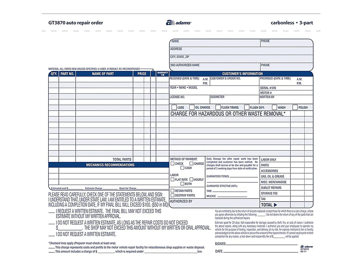 Mua Adams Auto Repair Order Forms, 8.5 x 7.44 Inch, 3-Part, Carbonless ...