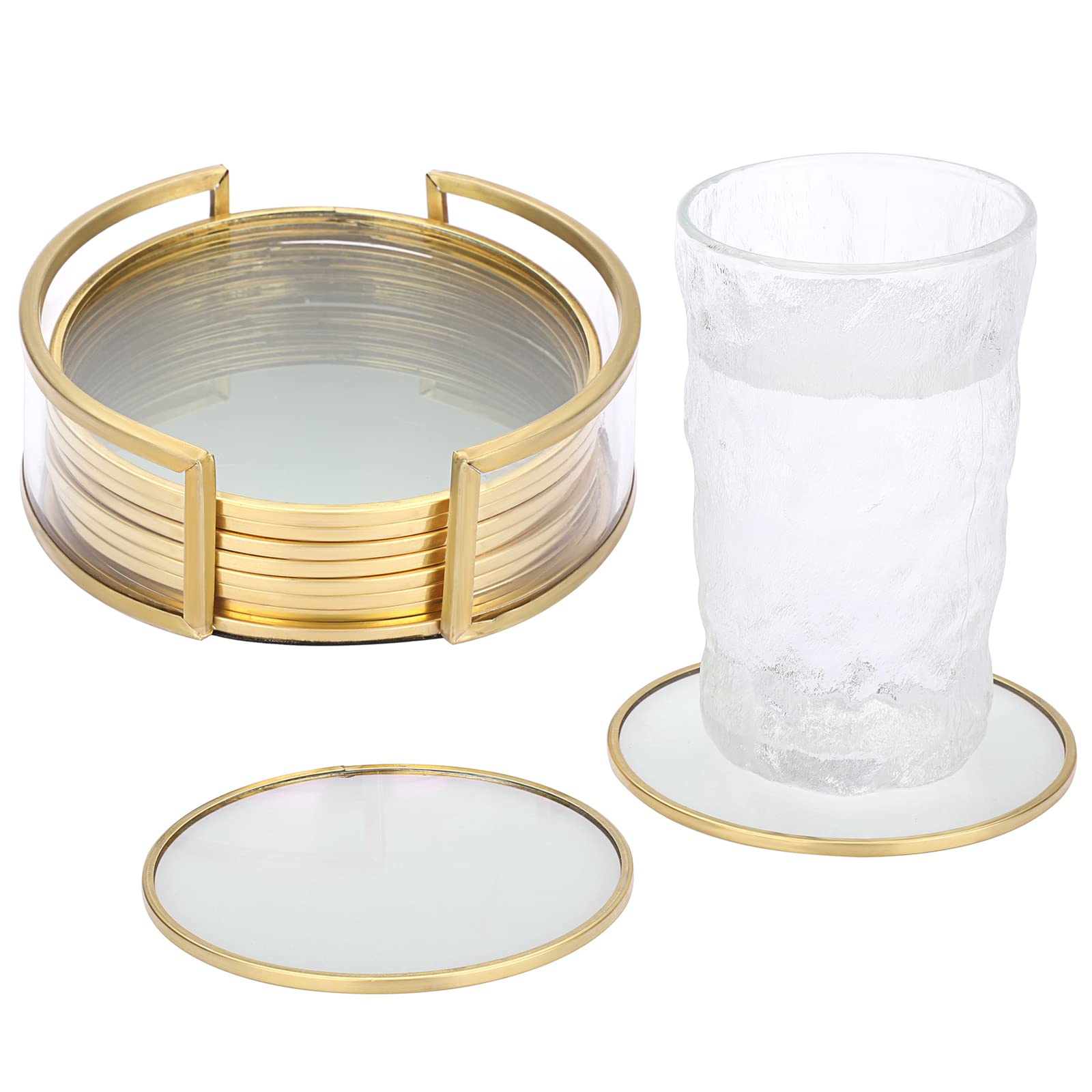 JUXYES Set of 8 Glass Round Coasters with Holder, Golden Brass Coasters ...