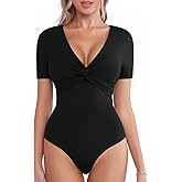 Amazon.com: MANGOPOP Sweetheart V Neck Bodysuit for Women Short Sleeve Long Sleeve Body Suits ...